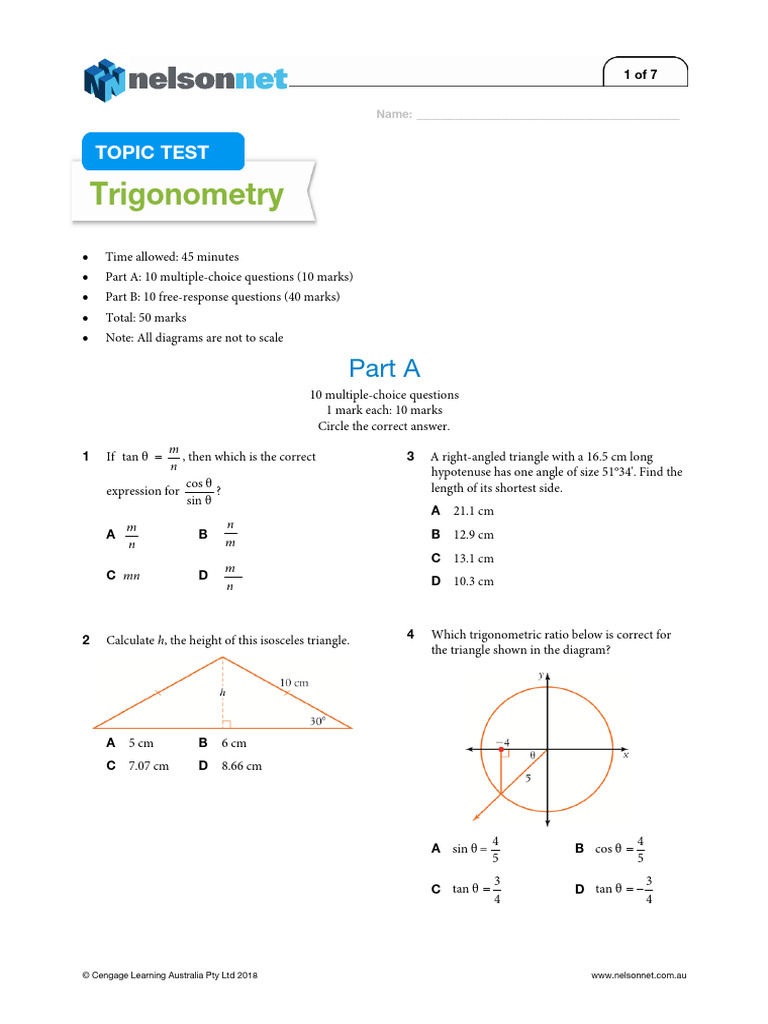 Year 11 Topic Test MIF 5 - Trigonometry | PDF | Trigonometry ...