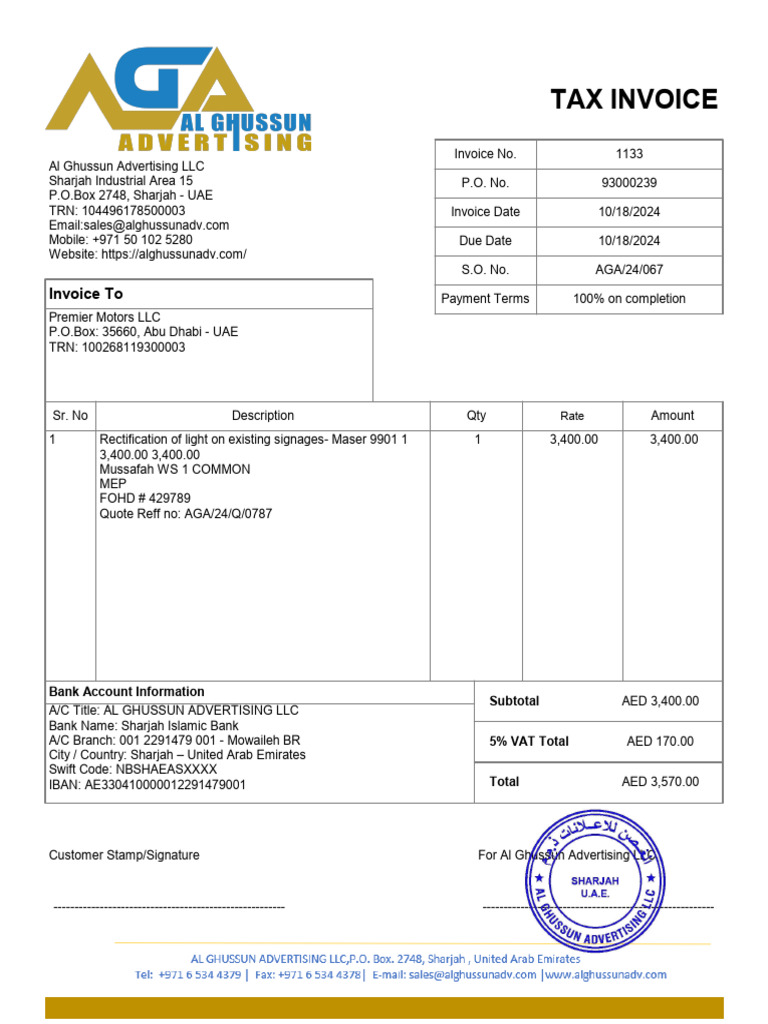 1133 - TAX INVOICE (Premium Motors) - 93000239 | PDF