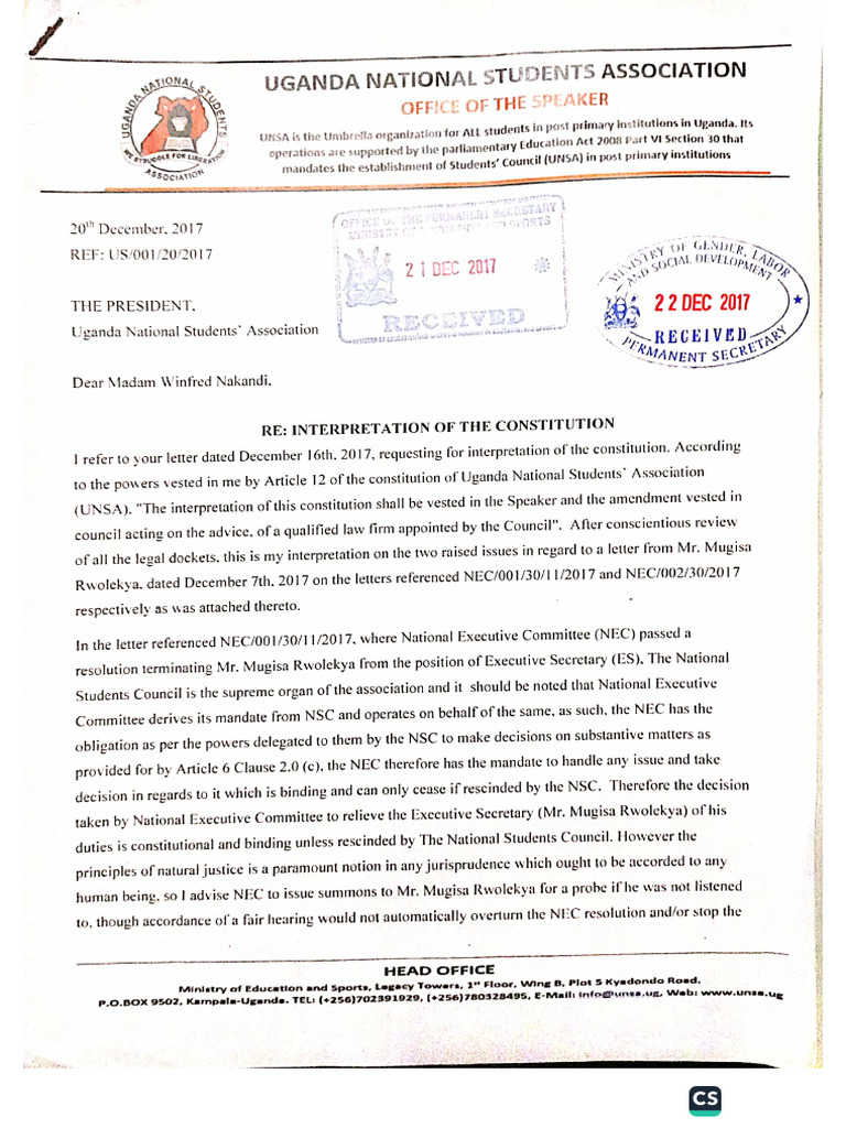 Interpretation of UNSA Constitution | PDF