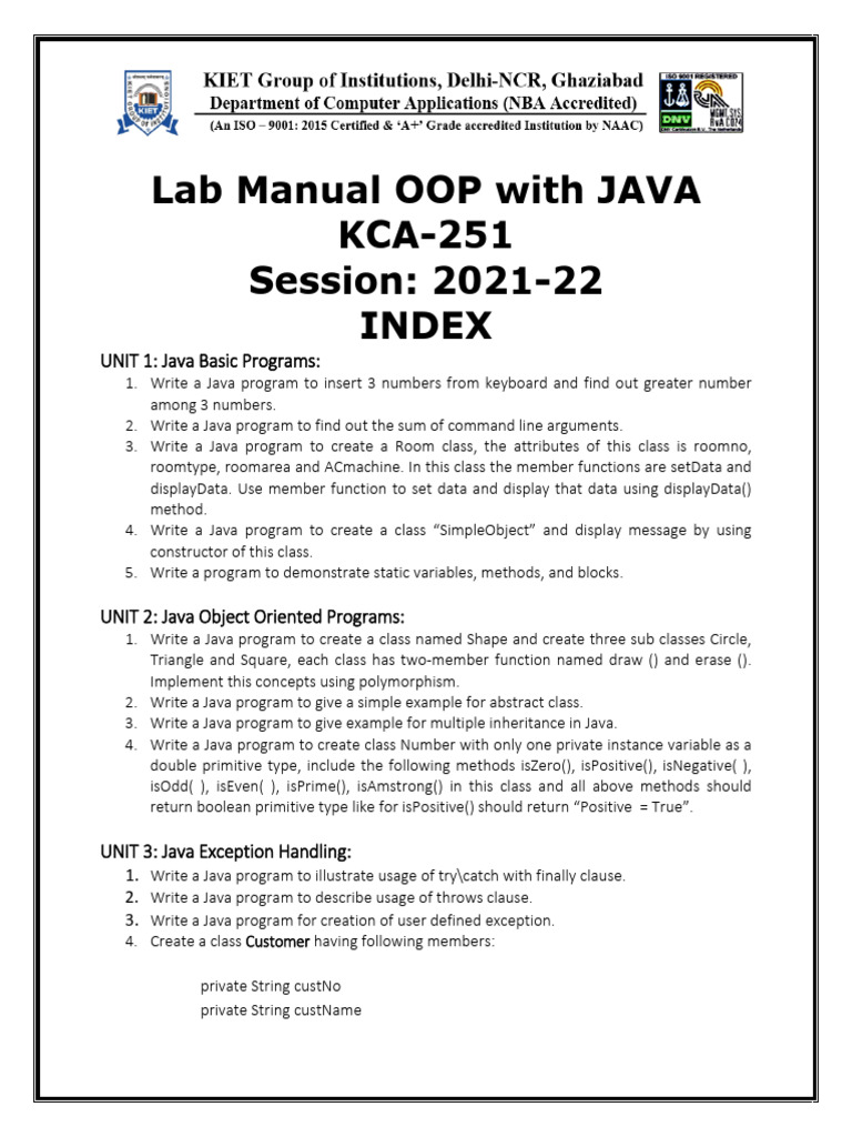 OOPS Lab Manual | PDF | Method (Computer Programming) | Class (Computer ...