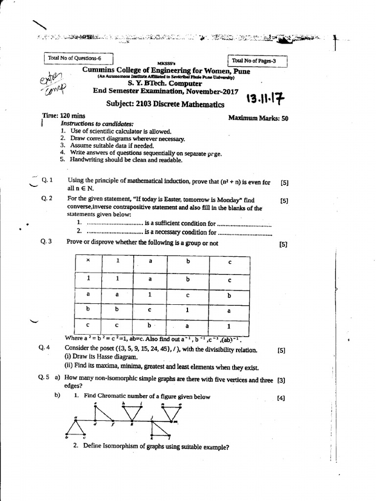 Discrete Mathematics Exam Paper 2017 | PDF | Vertex (Graph Theory ...