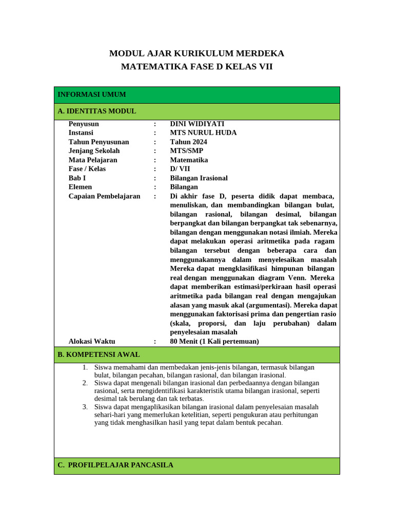 Modul Ajar Bil. Irasional | PDF | Karier & Perkembangan