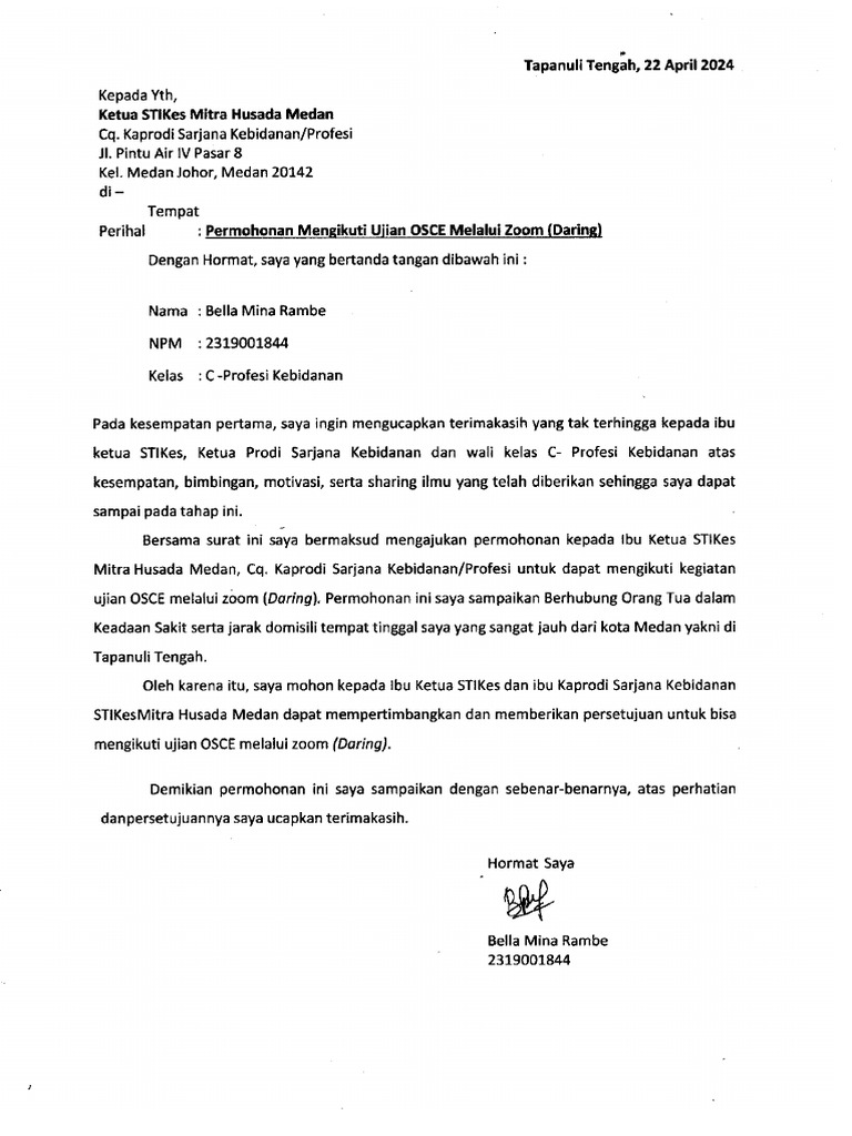 Surat Permohonan Mengikuti Ujian Bella Mina Rambe | PDF