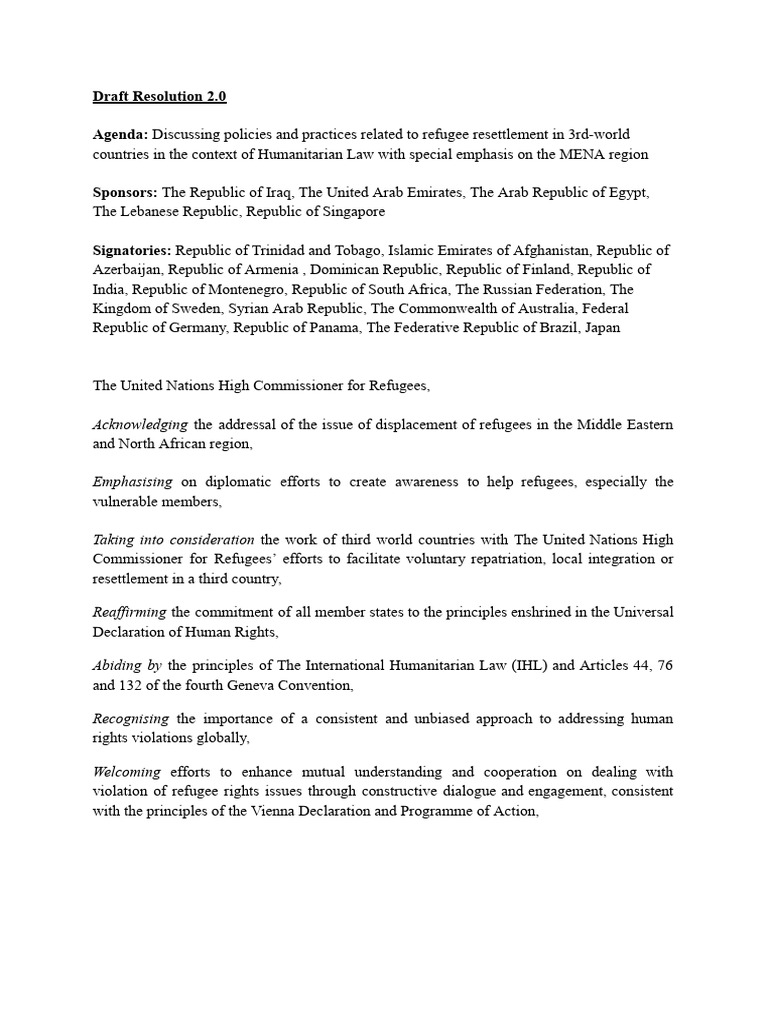 Draft Resolution 2.0 | PDF | Refugee | United Nations High Commissioner ...