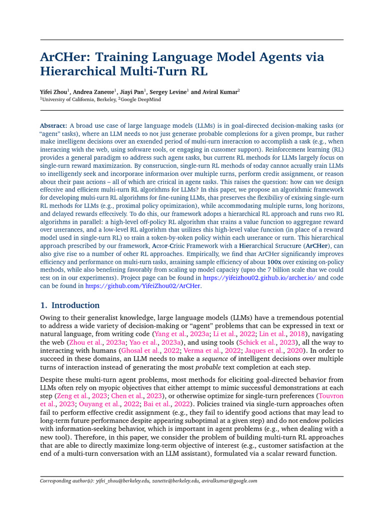 ArCHer - Training Language Model Agents Via Hierarchical Multi-Turn RL | PDF | Applied Mathematics