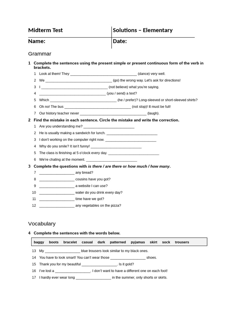 Midterm Test Solutions: Grammar & Vocabulary | PDF | Cooking