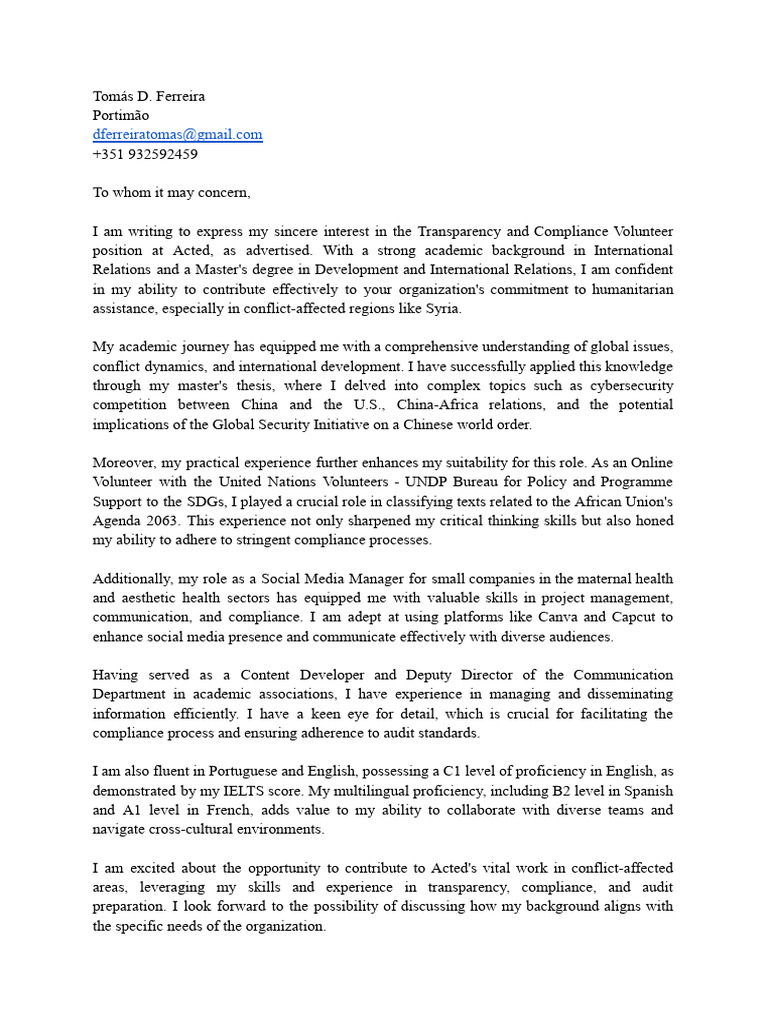 ACTED Cover Letter | PDF