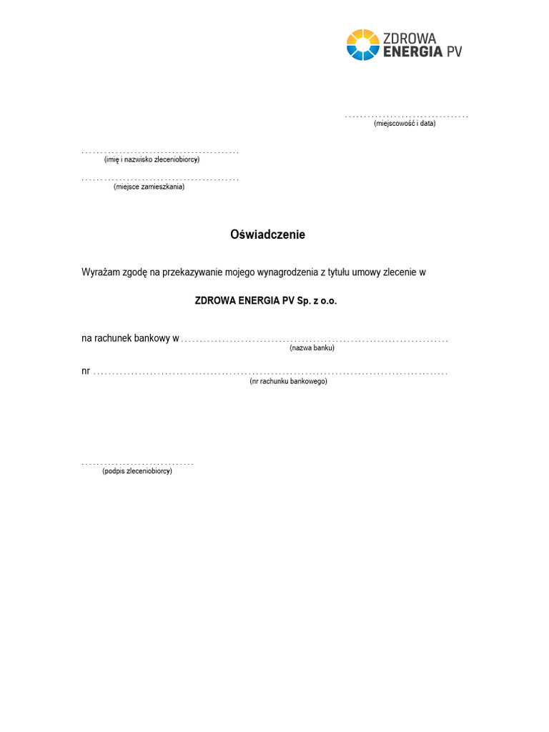 Oswiadczenie Rachunek Bankowy Dla Zleceń ZE | PDF
