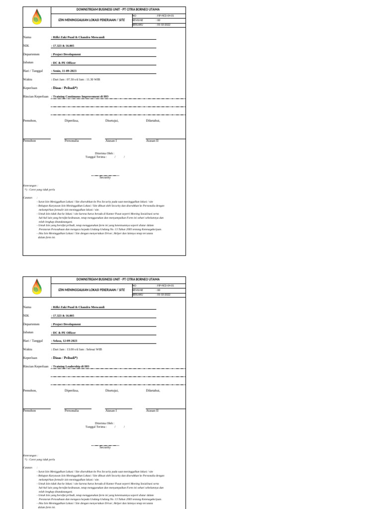 Lampiran 1. FIP-HCD-04-01 Form Izin Meninggalkan Lokasi Pekerjaan New | PDF