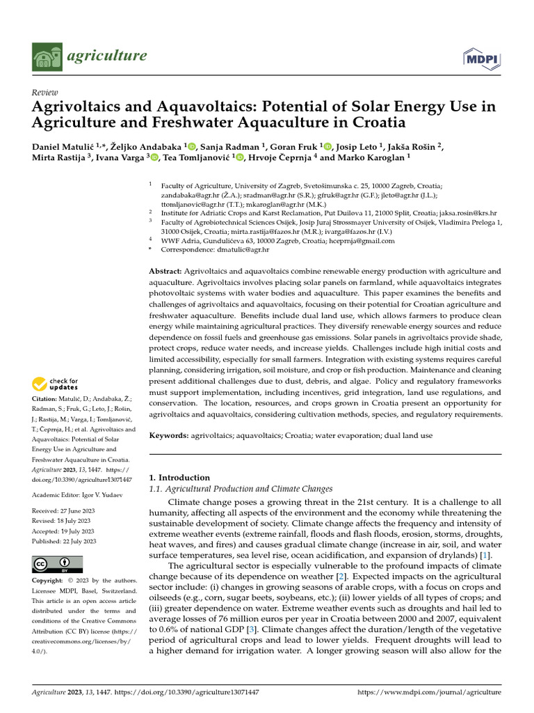 Agrivoltaics and Aquavoltaics Potential of Solar Energy Use in | PDF | Photovoltaics | Agriculture