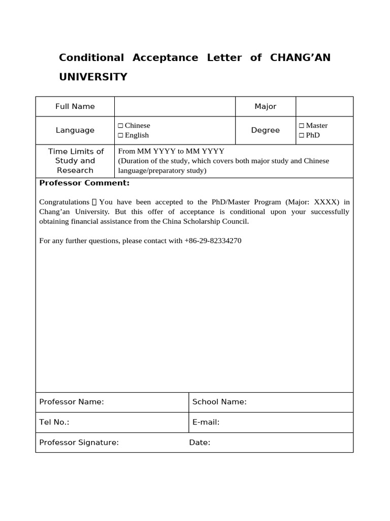 Conditional Acceptance at Chang'an University | PDF