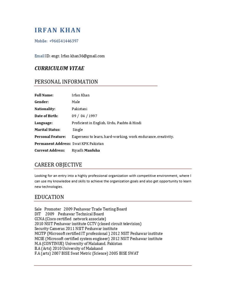 Irfan Khan Cv Word | PDF