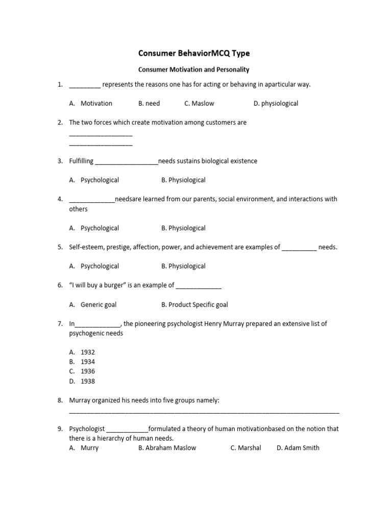 MCQ Chapter 3 Motivation and Personality | PDF | Career & Growth