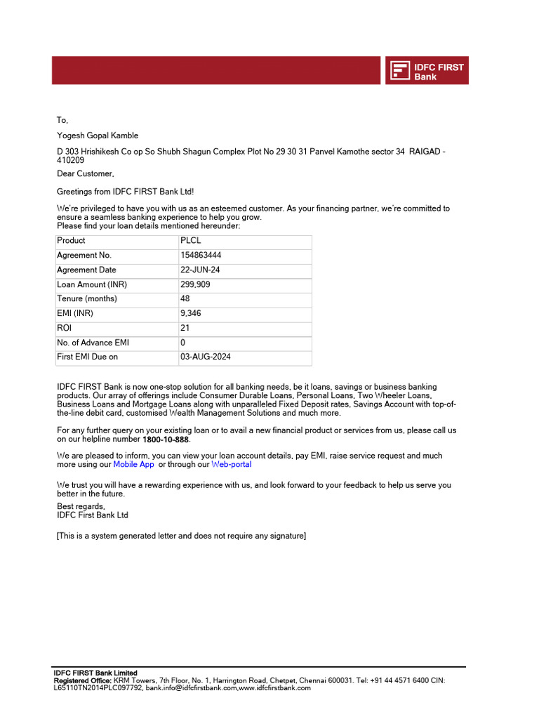 IDFC FIRST Bank Loan Agreement Details | PDF | Banks | Loans