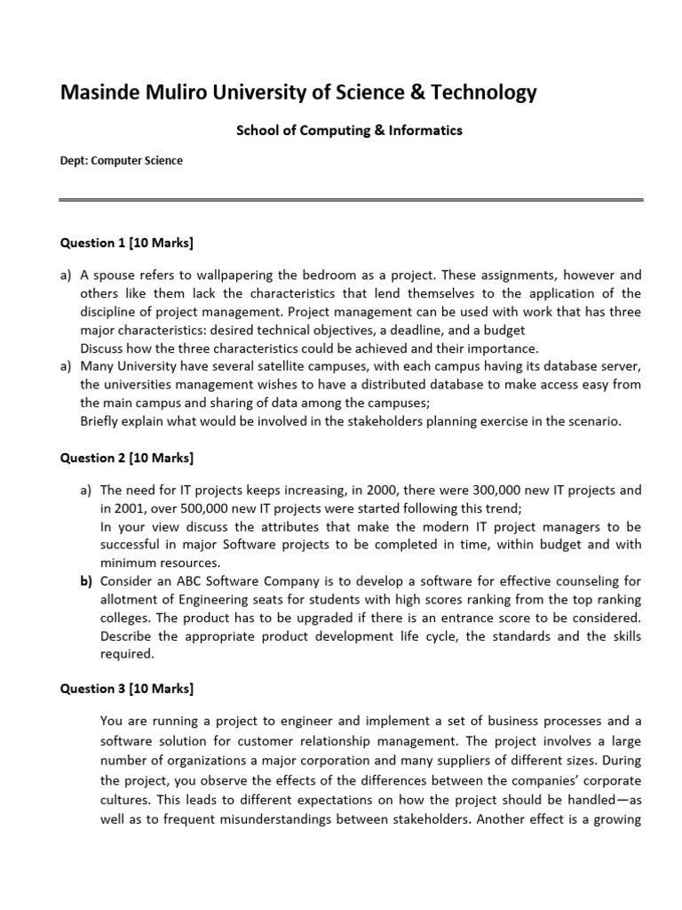 BCS 412 Software Project Management CAT 2024-2025 | PDF | Project ...