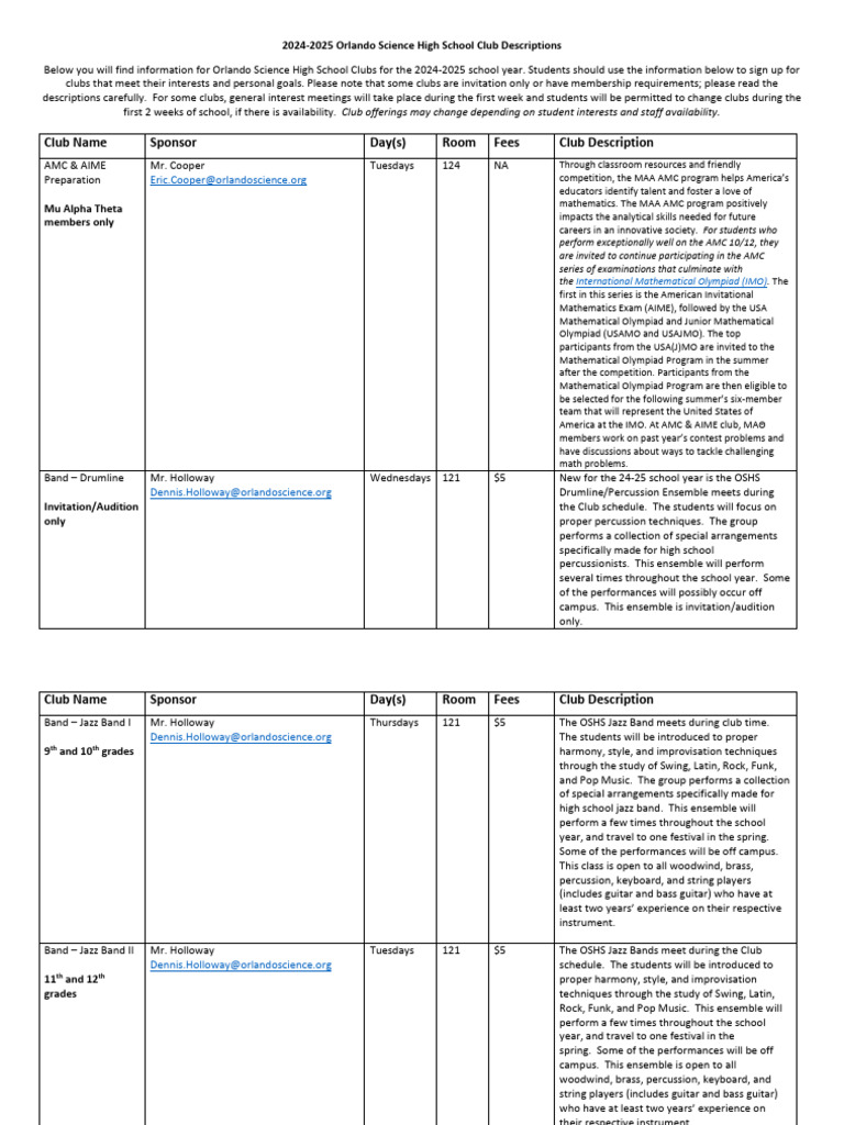 OSS High School Club Descriptions 2024-25 | PDF