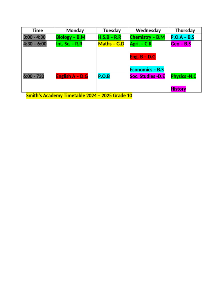 Grade 10 Timetable 2024-2025 | PDF | Social Science | Science & Mathematics