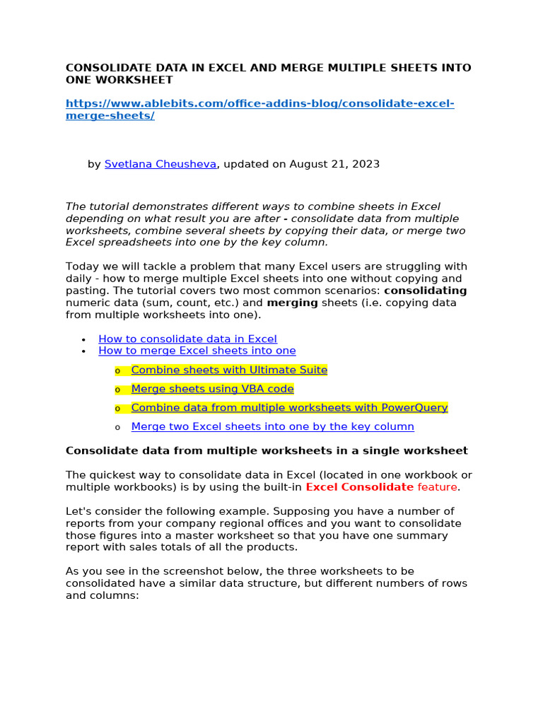 Consolidate Data in Excel and Merge Multiple Sheets Into One Worksheet | PDF | Microsoft Excel ...