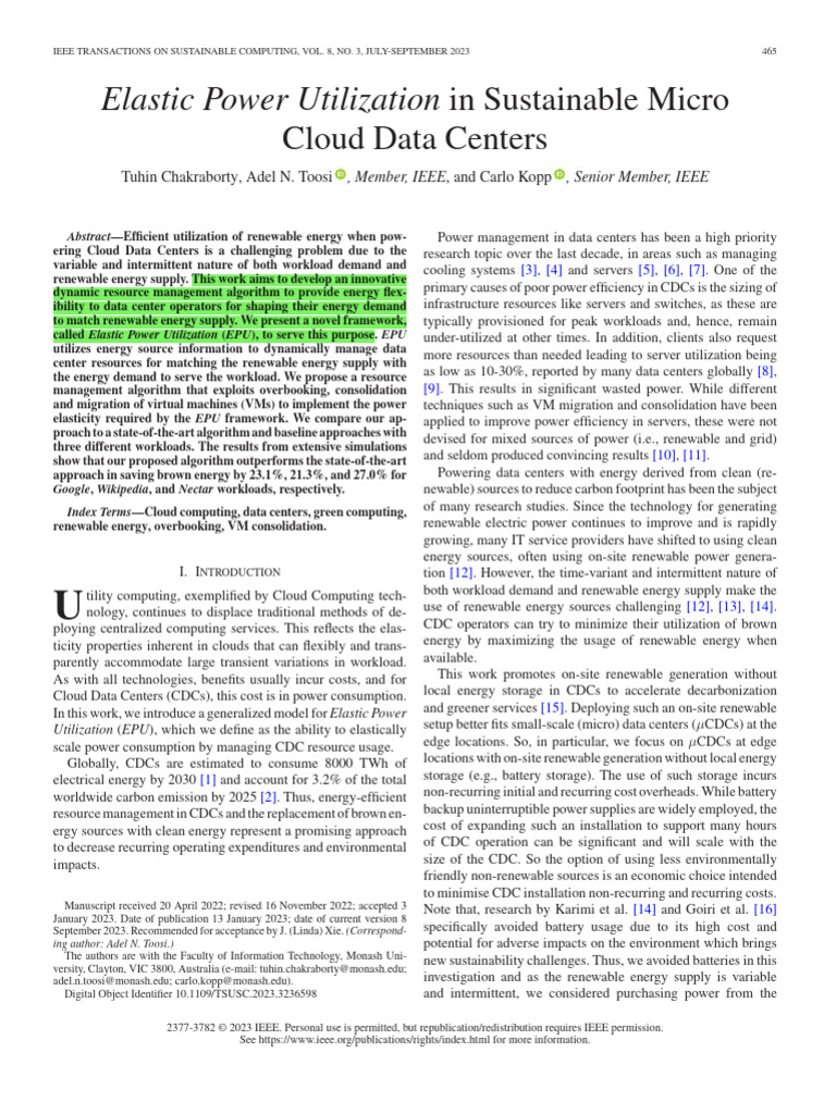 Elastic Power Utilization in Sustainable Micro Cloud Data Centers | PDF ...