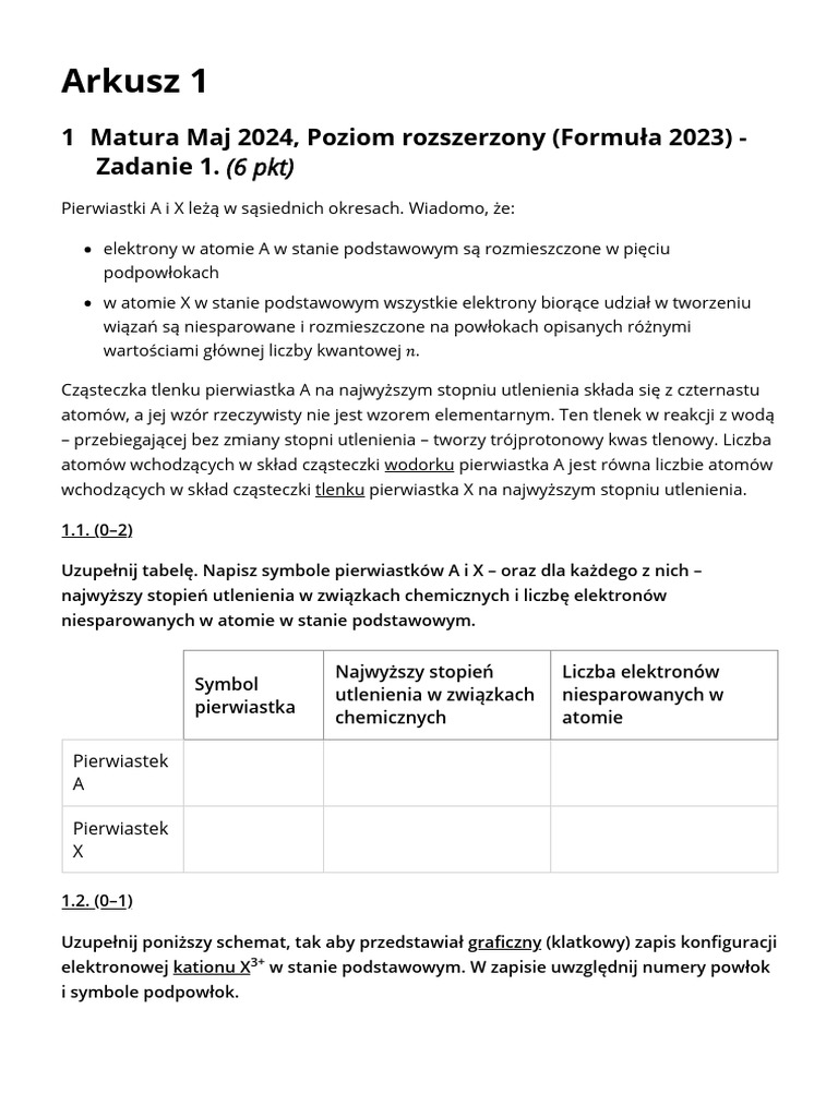 Arkusz 1 (Budowa Atomu) | PDF