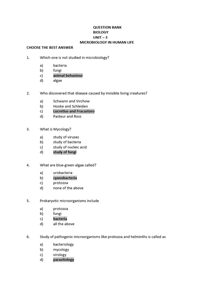 Microbiology Question Bank for Biology Unit 3 | PDF | Vaccines ...