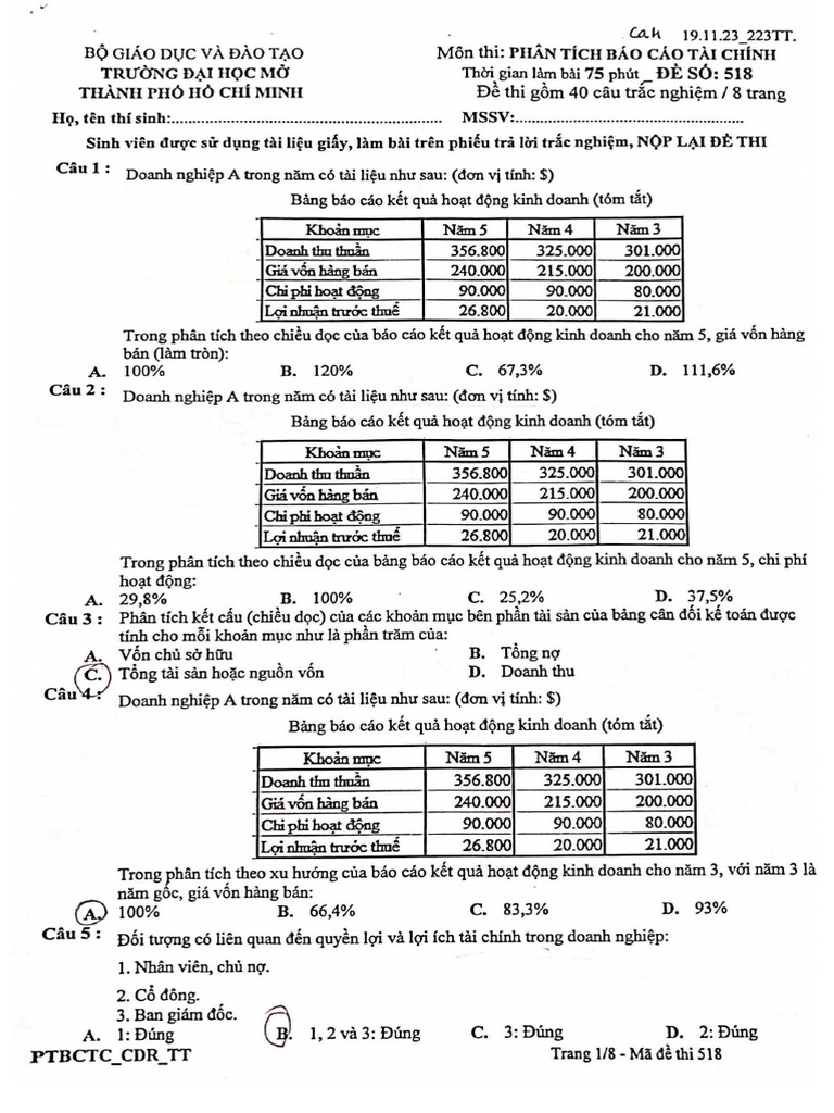De Thi PT BCTC 19 de Thi Mon Phan Tich Bao Cao Tai Chinh | PDF