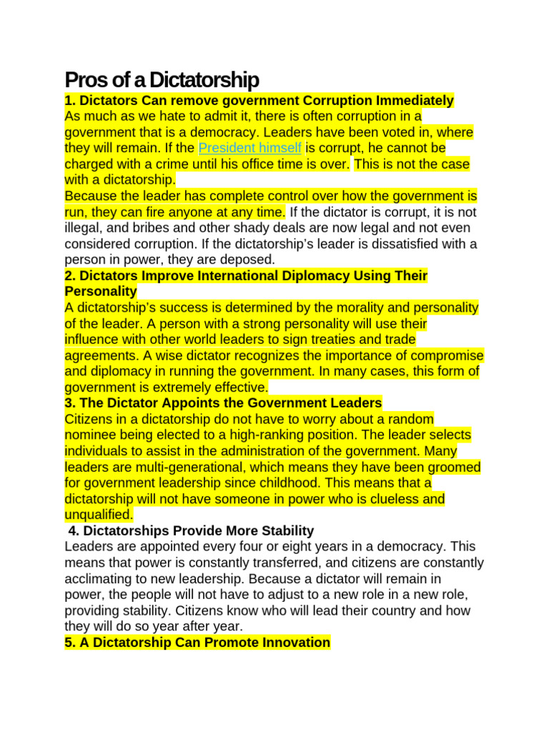 Pros of Dictatorship (Highlighted) | PDF | Dictatorship | Political Corruption