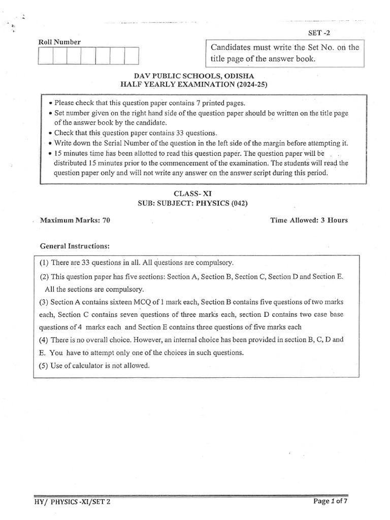 Xi Physics Hy QP Set 2 | PDF