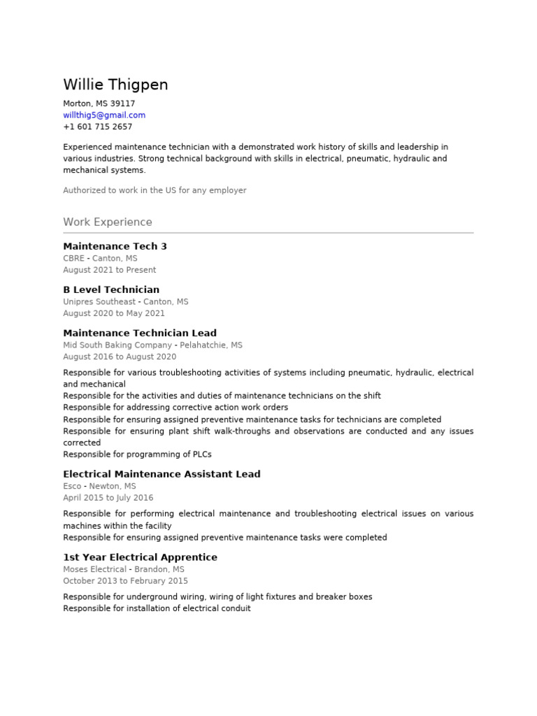 Willie-Thigpen Newest Resume | PDF | Programmable Logic Controller | Forklift
