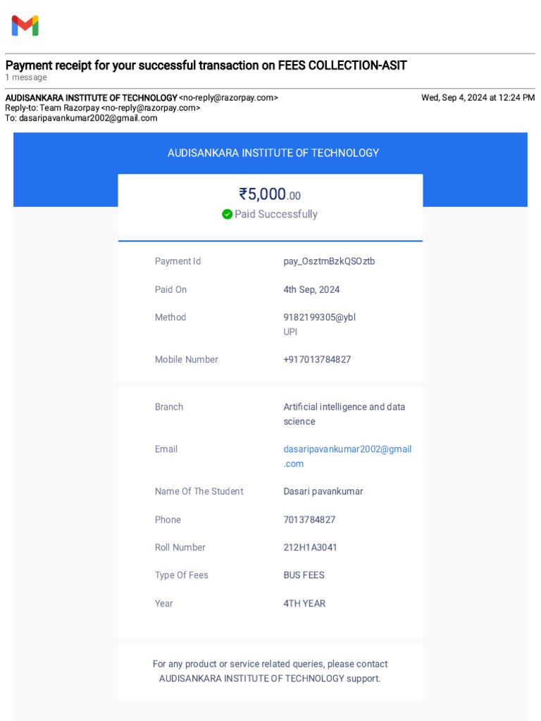 Gmail - Payment Receipt For Your Successful Transaction On FEES COLLECTION-ASIT | PDF