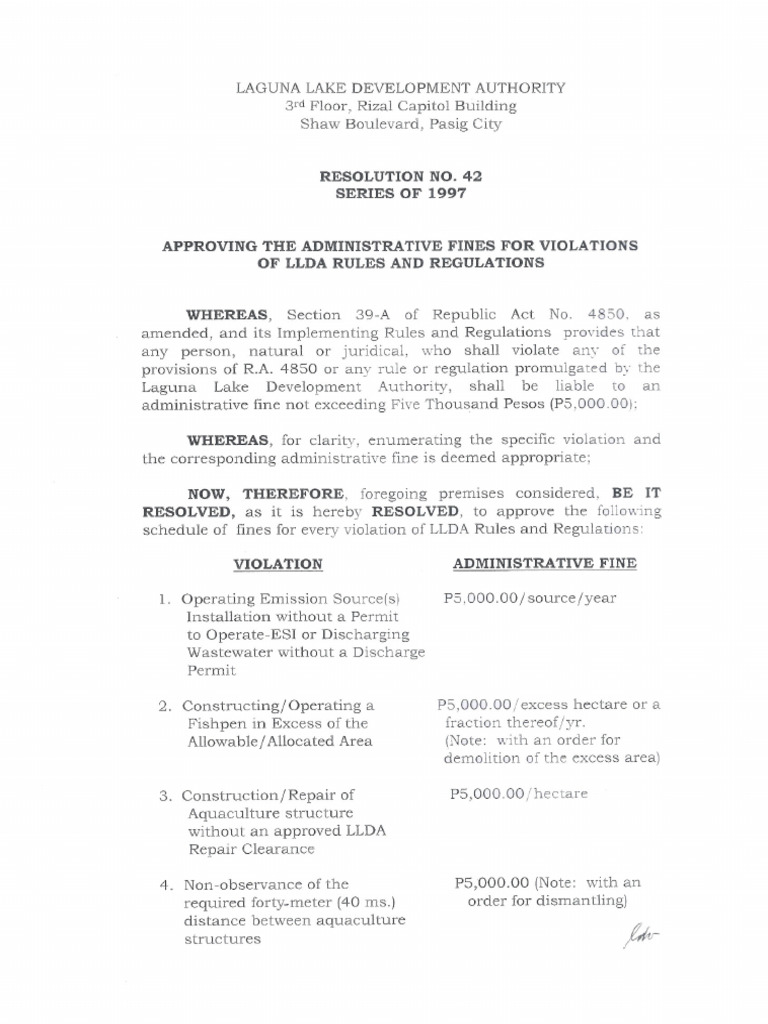 Administrative Fines For Violations of LLDA Rules and Regulations | PDF