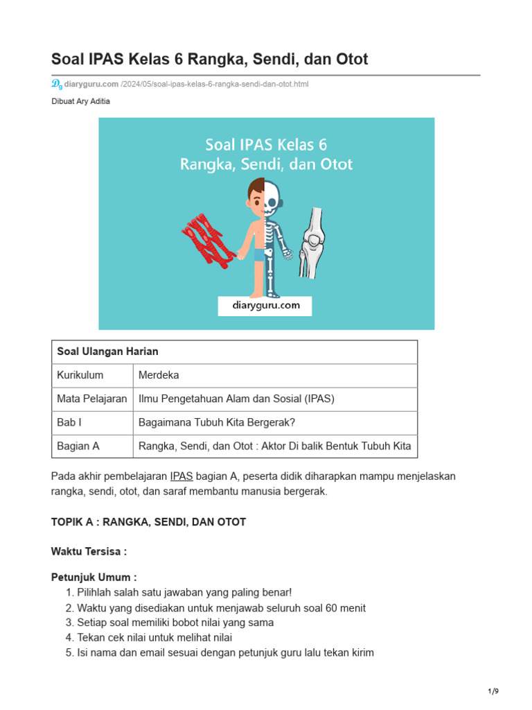 Soal IPAS Kelas 6 Rangka Sendi Dan Otot | PDF