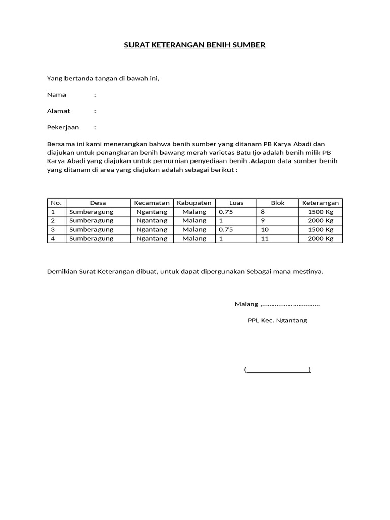 Surat Keterangan Benih Sumber | PDF