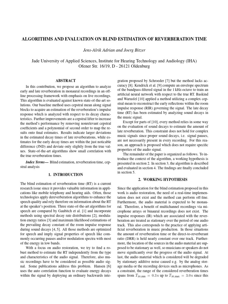 Algorithms and Evaluation On Blind Estimation of Reverberation Time | PDF | Signal Processing