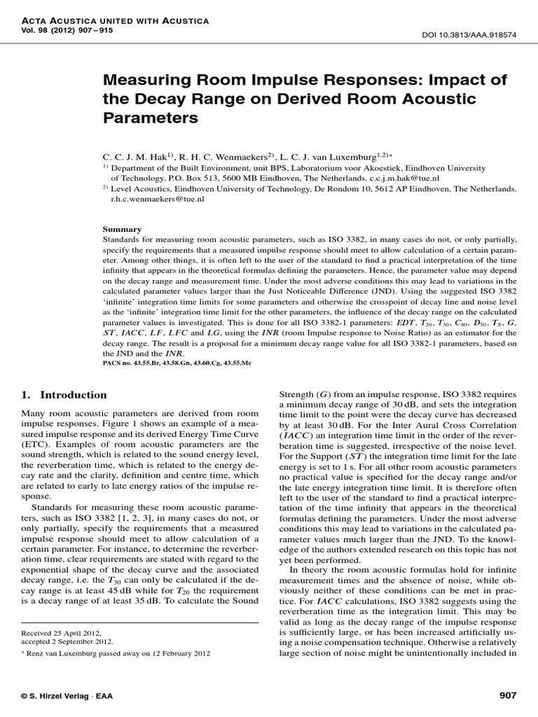 Measuring Room Impulse Responses - Impact of The Decay Range On Derived ...