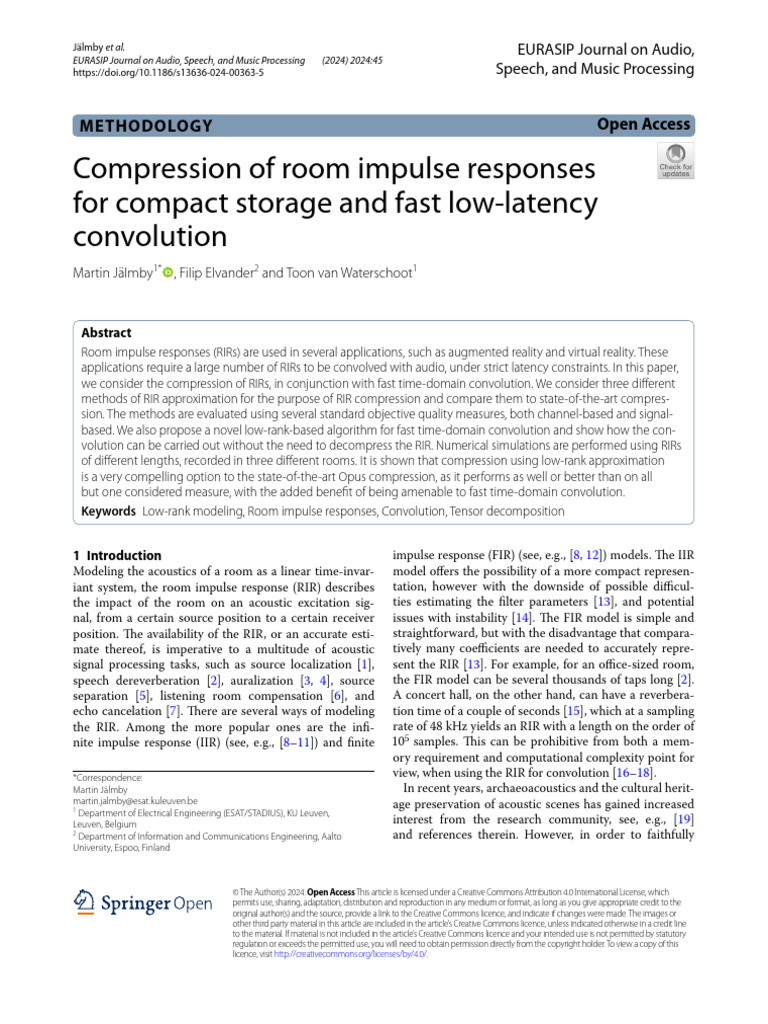 Compression of Room Impulse Responses For Compact Storage and Fast Low-Latency Convolution | PDF ...