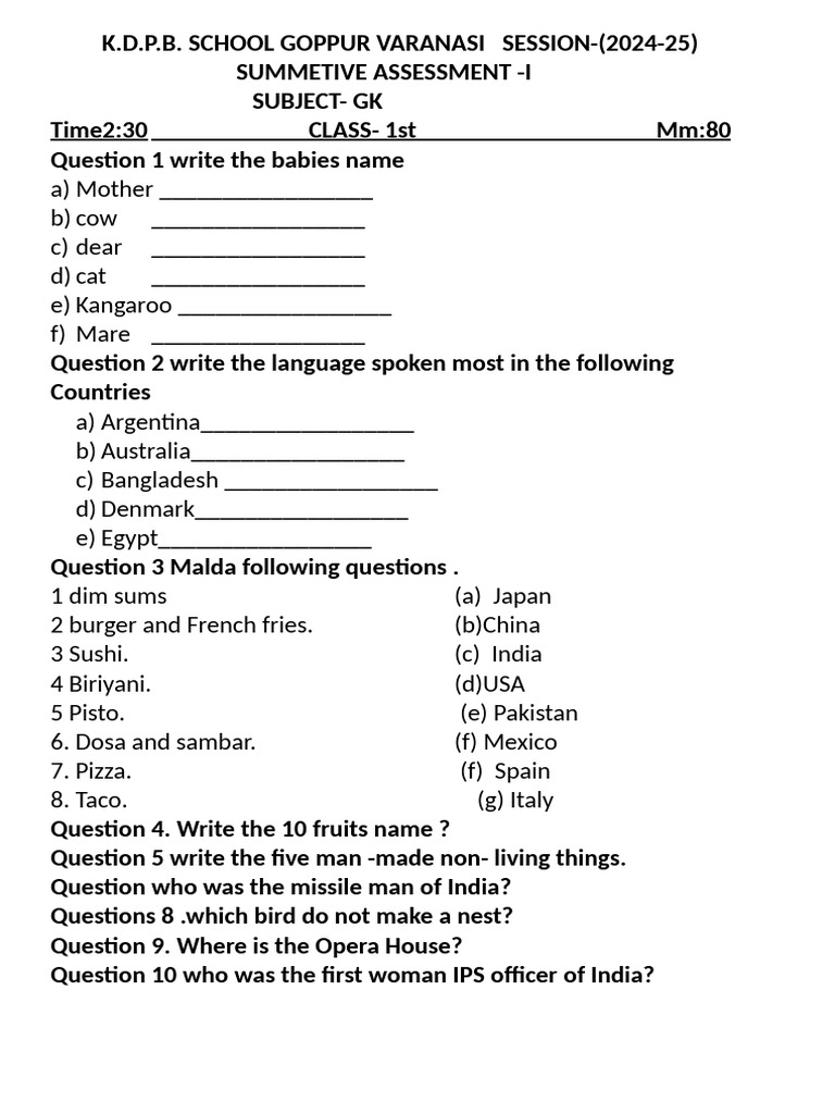 Class 1 GK Summative Assessment 2024-25 | PDF