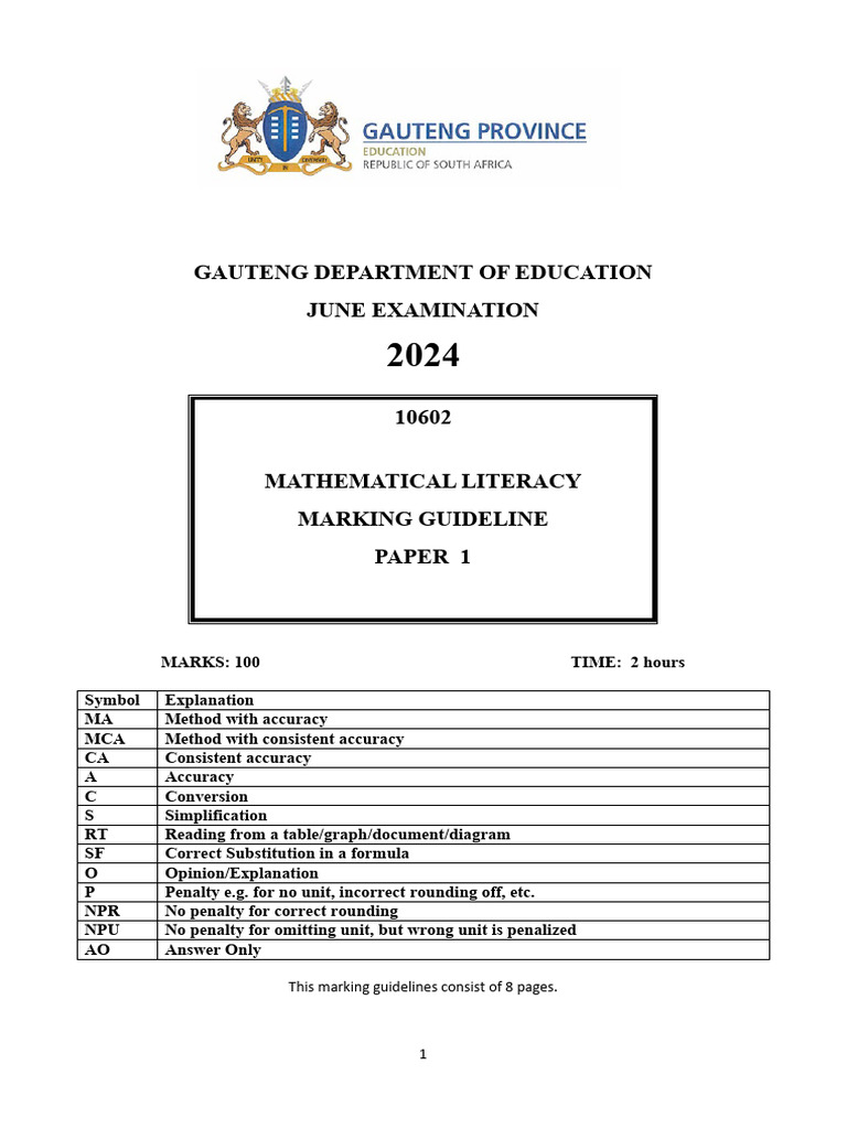 Official Marking Guideline Mathematical Lit Paper 1 Eng | PDF ...