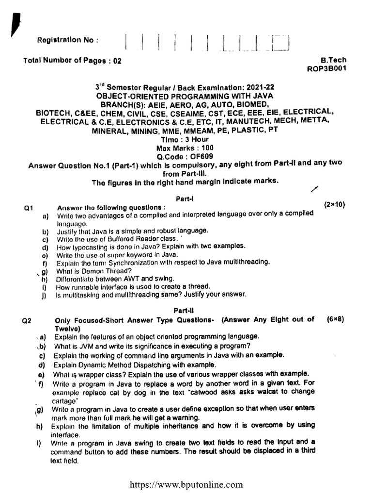 Btech 3 Sem Object Oriented Programming With Java Rop3b001 2022 Pdf