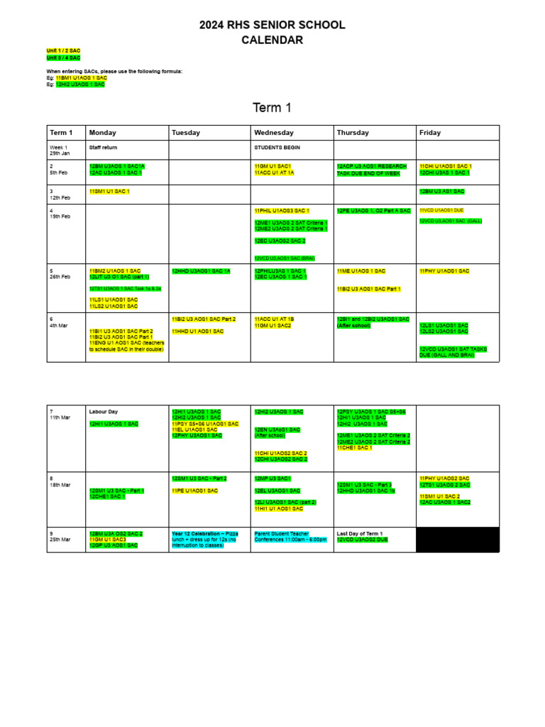 2024 RHS Senior School Calendar | PDF
