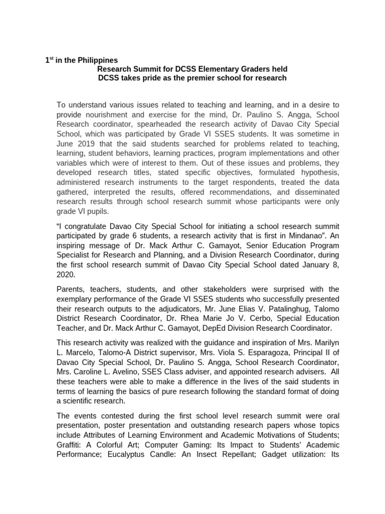 Narrative of The FIRST SCHOOL LEVEL RESEARCH SUMMIT | PDF | Cognition ...