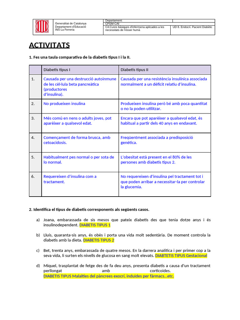 Dossier Activitats de El Pacient Diabetic - Solucionari | PDF