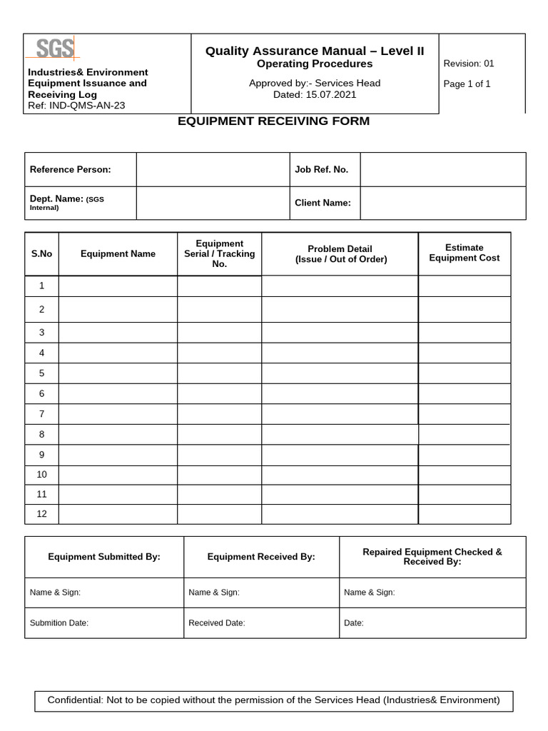 Equipment Receiving Form Template | PDF