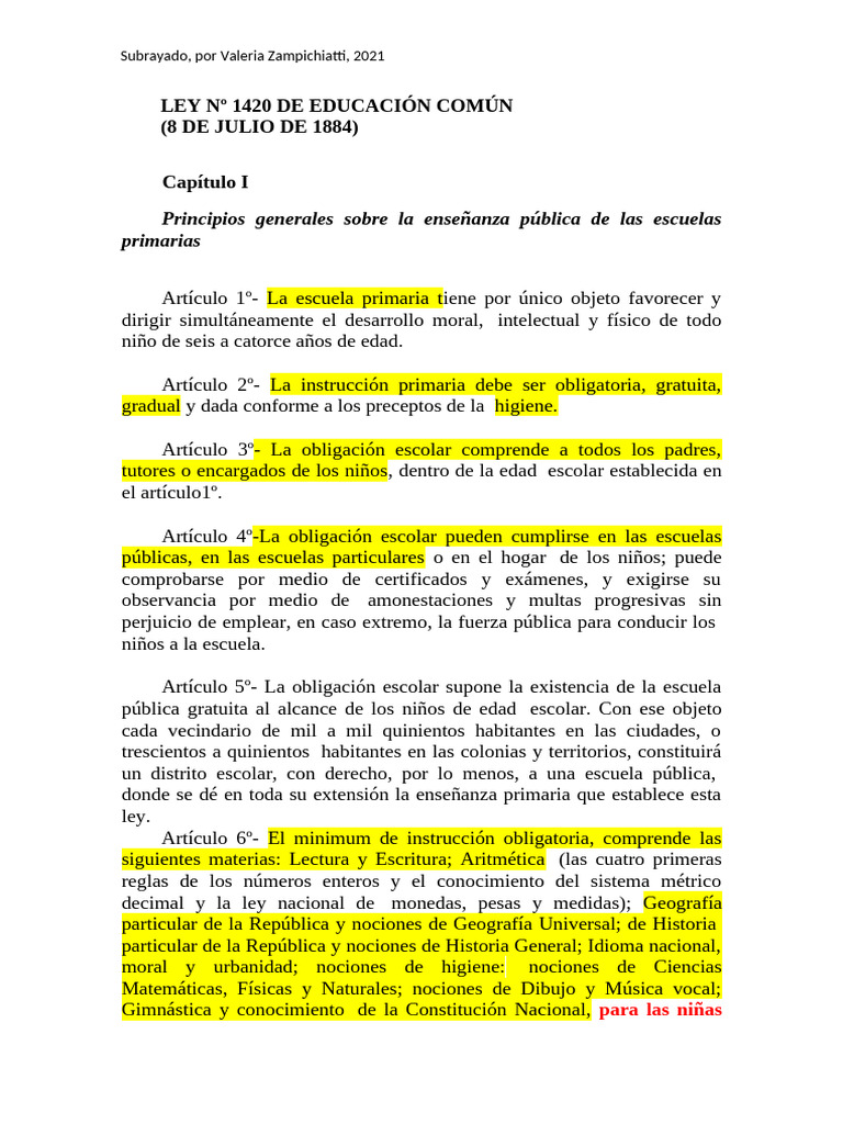 LEY #1420 DE EDUCACIÓN COMÚN-subrayado. | PDF | Educación primaria ...