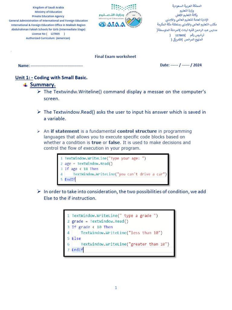 Final Exam Work Sheet-Grade 9 Answer | PDF | Control Flow | Computing