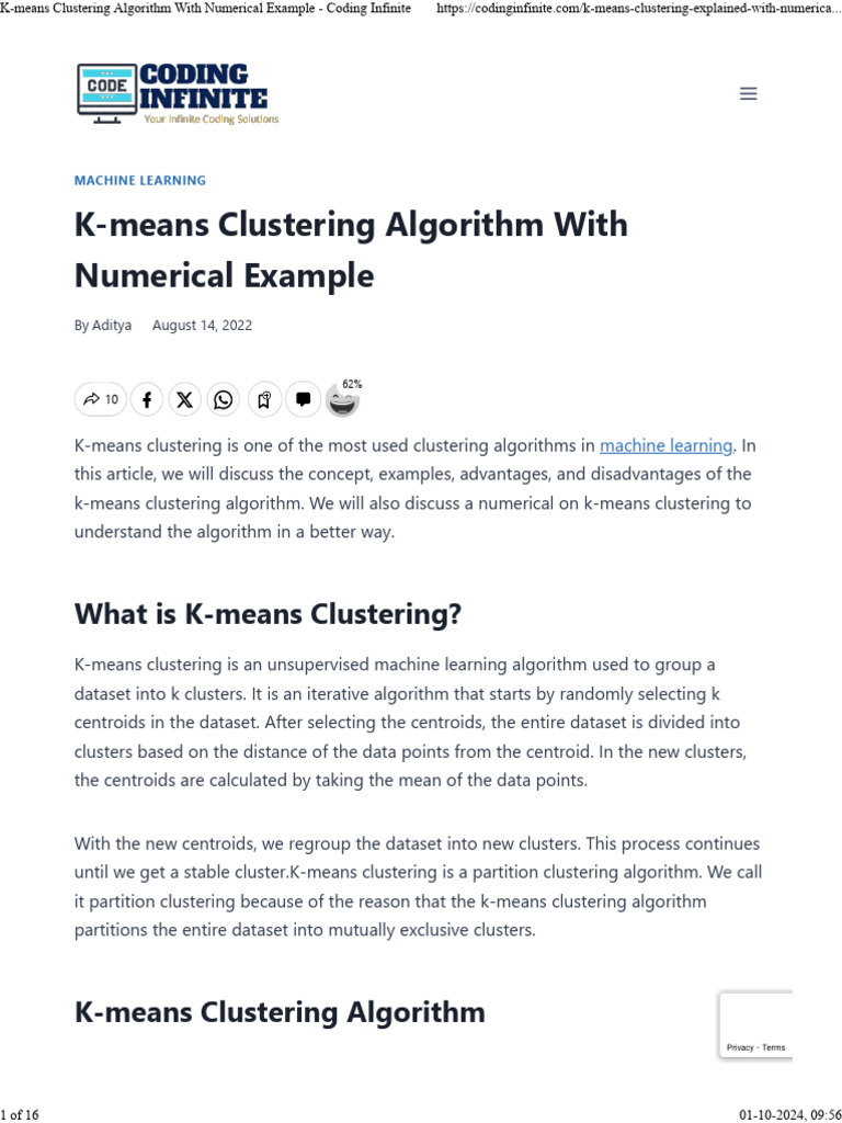 K Means Clustering Algorithm With Numerical Example Coding Infinite Pdf Cluster Analysis