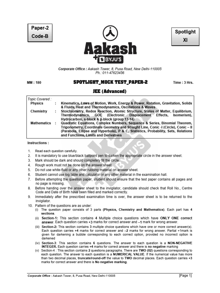Aakash JEE Mock Test Paper 2 | PDF | Ph | Acid Dissociation Constant