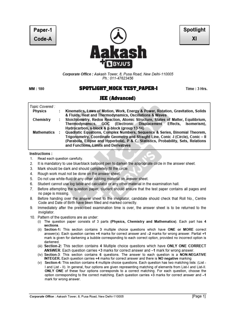 JEE Advanced Mock Test Paper 1 | PDF | Physical Quantities | Physics