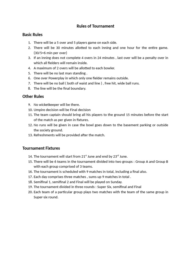 Tournament Rules and Fixtures Overview | PDF