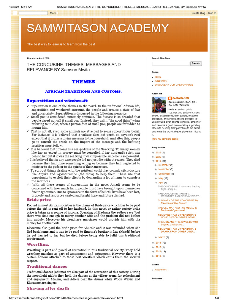 SAMWITASON ACADEMY - THE CONCUBINE - THEMES, MESSAGES AND RELEVANCE BY Samson Mwita | PDF | Love ...